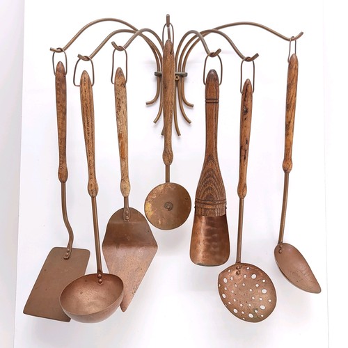 COPPER Utensils Hanging Rack Set 7 Pc Wood Handles 70s Cabin Homestead ...