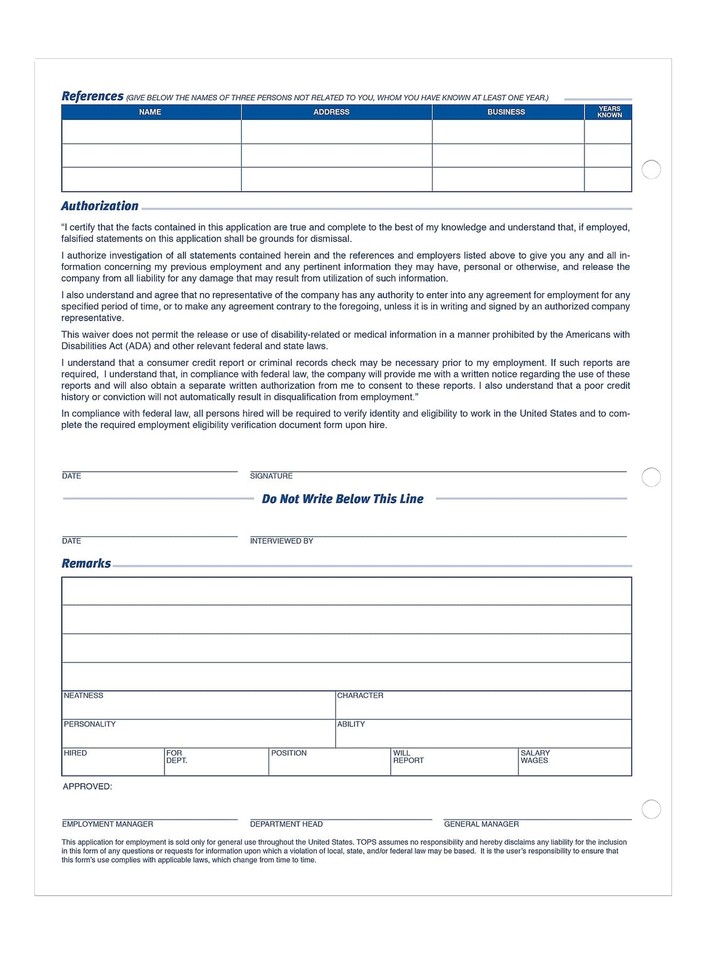 TOPS Employment Application Forms 11x8.5 White 2 Pack 50 Sheets Per Pad ...