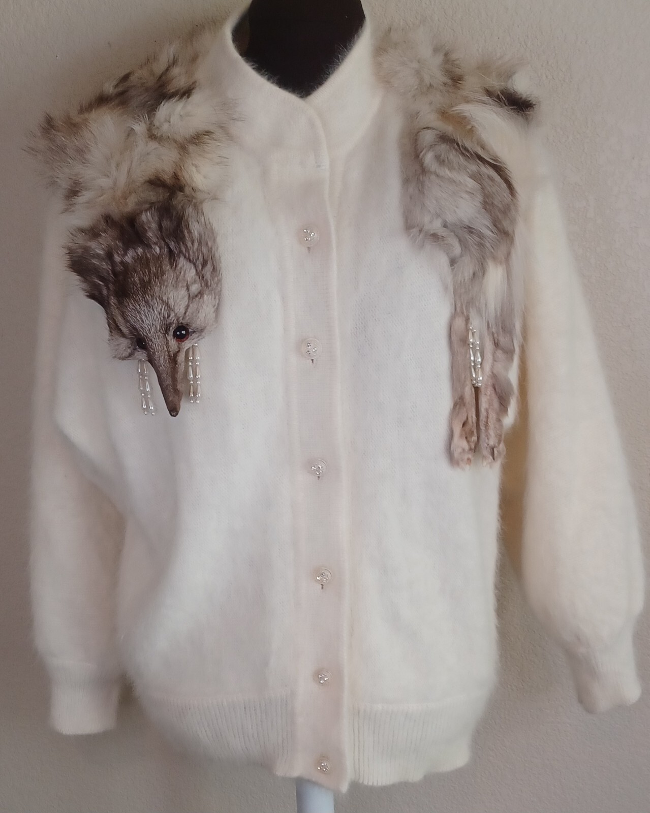 VTG Fair Lady OS Ivory Angora Wool Sweater Fox Fur Co… - Gem