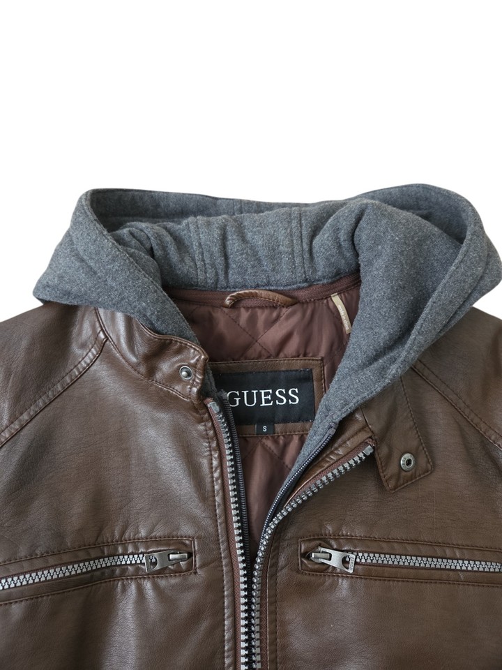 GUESS Men's Faux Leather Brown Bomber Jacket Hooded Full Zip Band ...