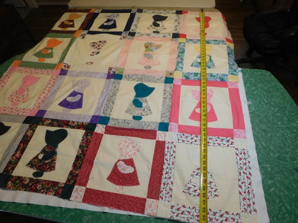 PATCHWORK QUILT TOP UNFINISHED HANDMADE PATCH WORK FABRIC SUN BONNET ...