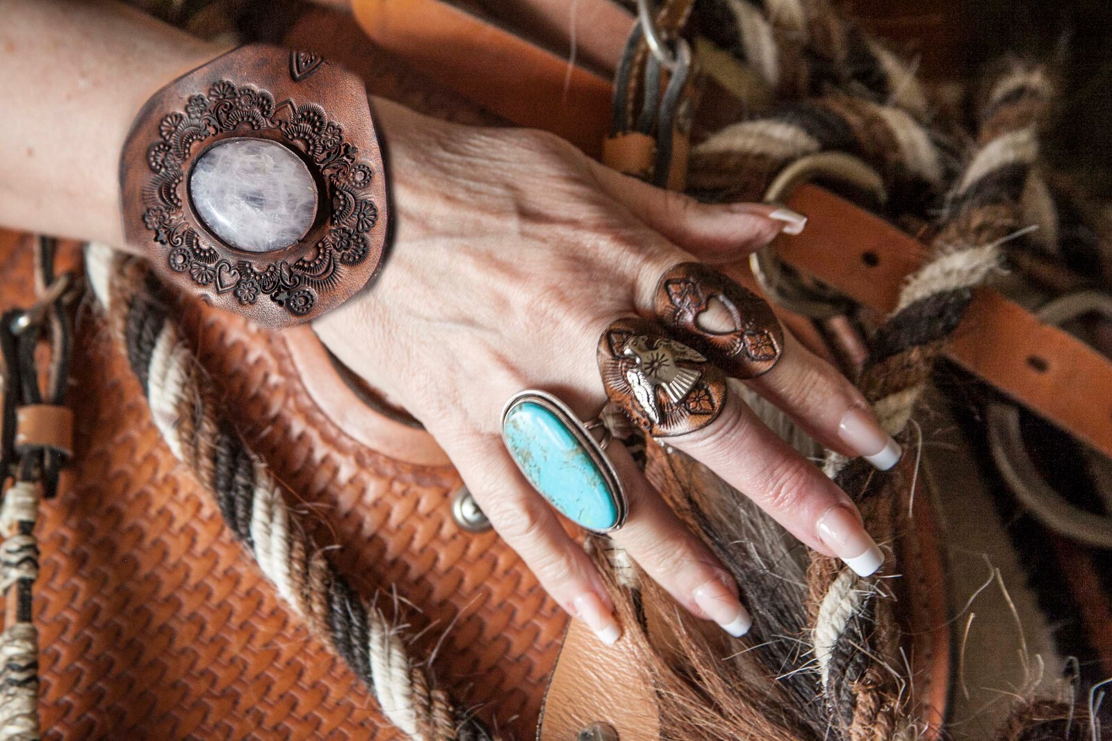 Leather Cuff Bracelet Rose Quartz Stone Hand Tooled Western Design | eBay