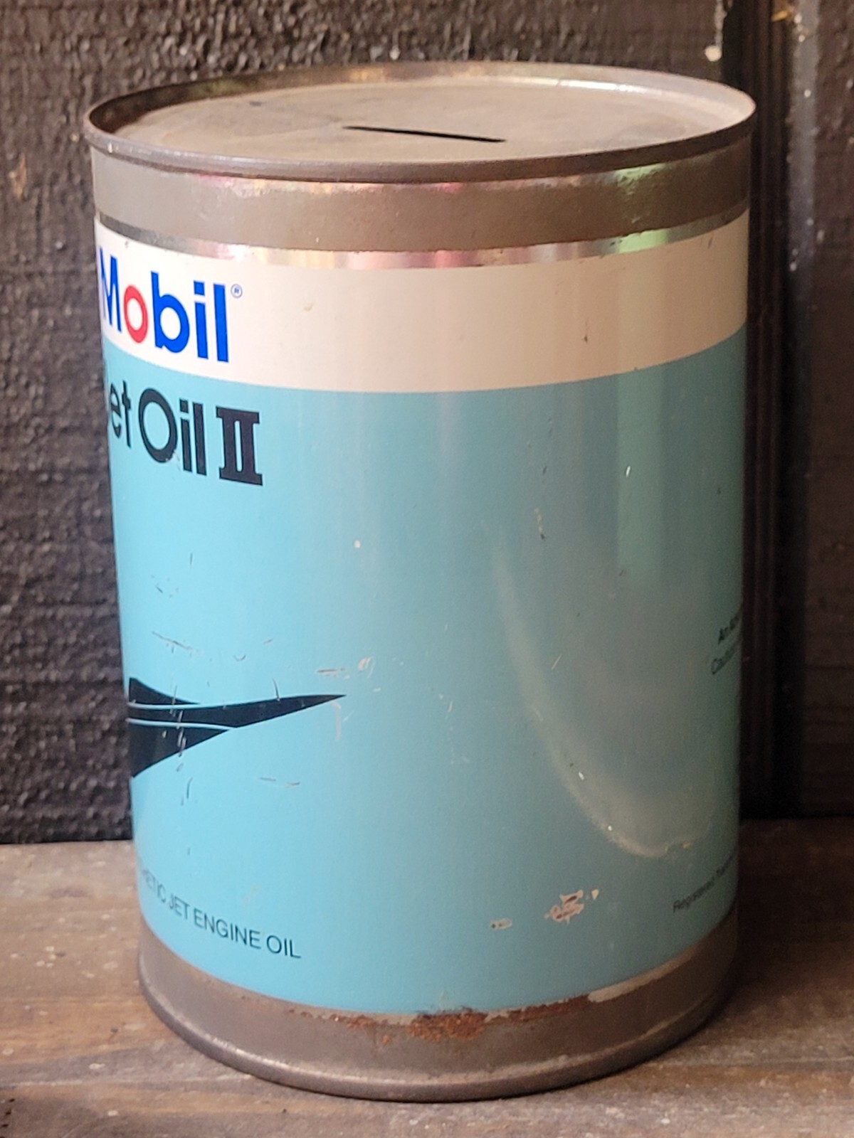 MOBIL JET OIL 2 TIN CAN BANK ONE QUART SYNTHETIC JET ENGINE OIL PIGGY ...
