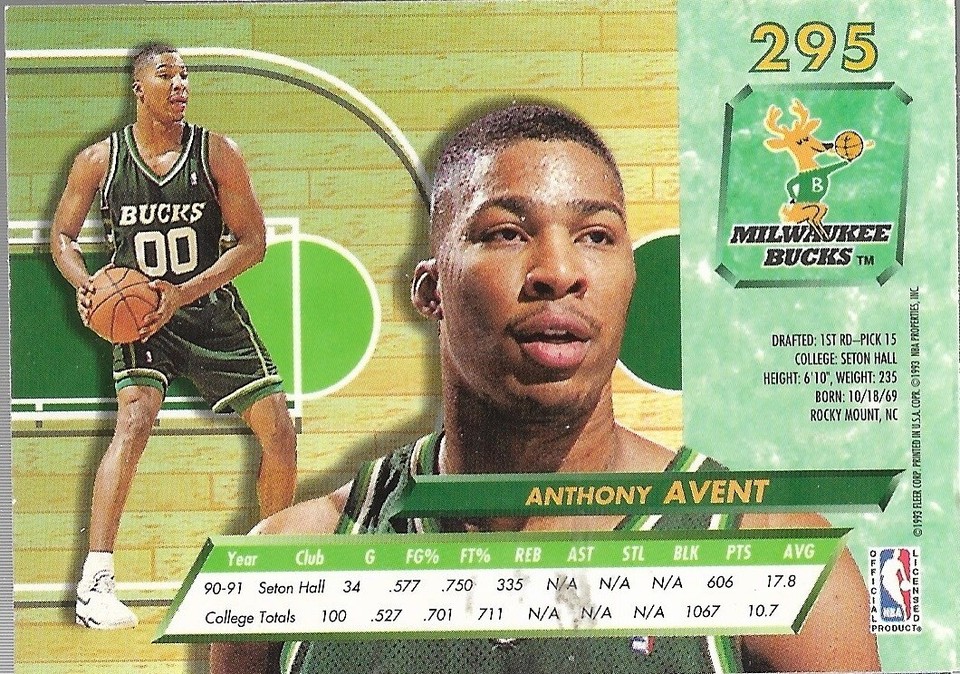 1992-93 Fleer Ultra Rookie Anthony Avent 295 Milwaukee Bucks Basketball ...