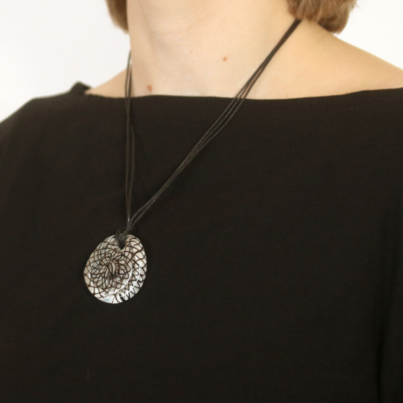 NEW Glass Circle Pendant & Black String Necklace - Sterling Silver ...