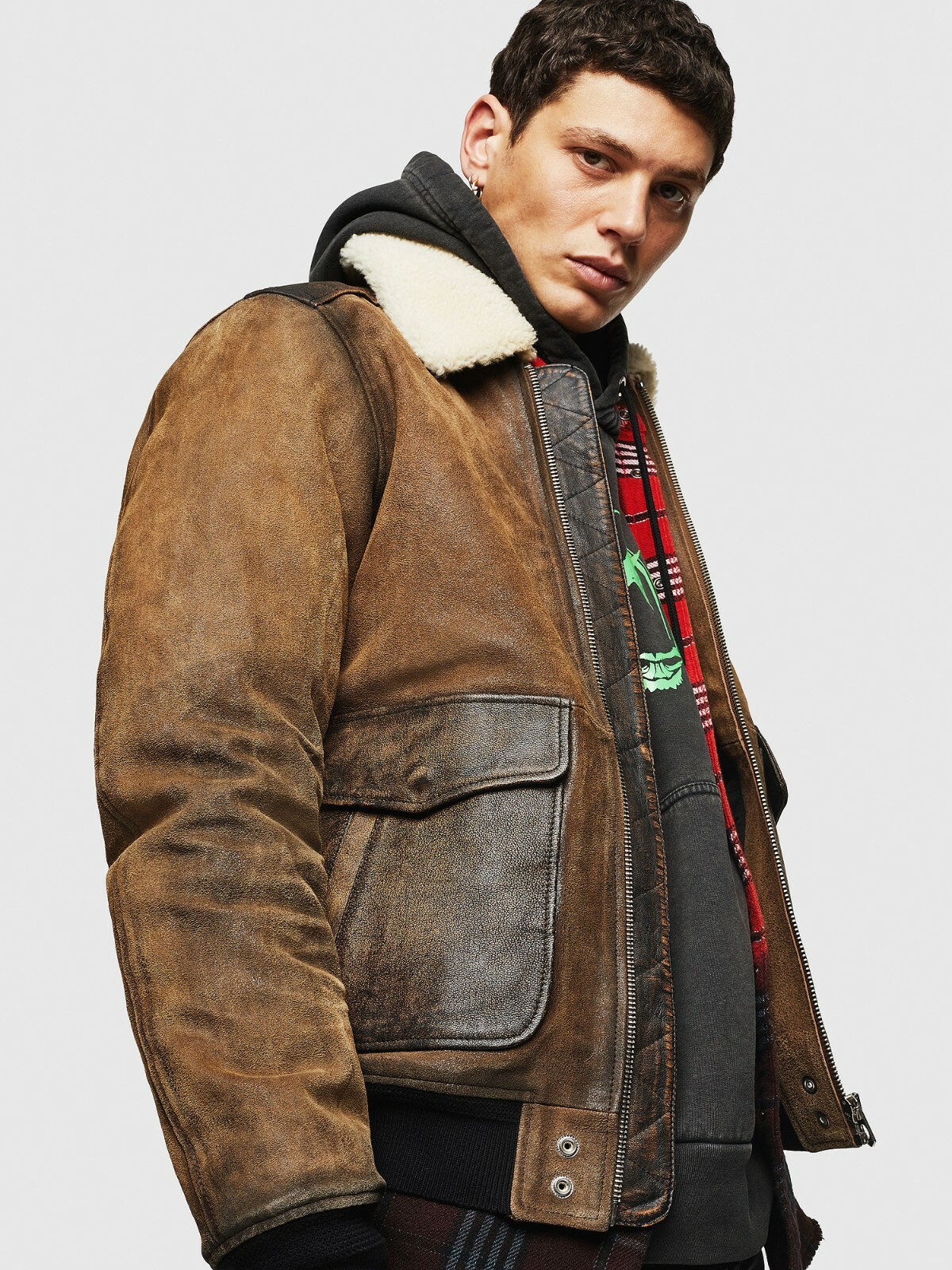 New Diesel L-Oiukiro Aviator Leather Shearling Jacket S jeans thommer ...