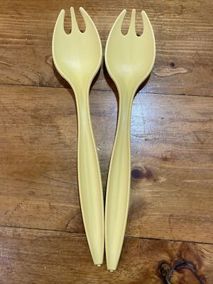 Tupperware Salad Serving Set Tongs 12" Spoons Forks Set of 2 Golden ...