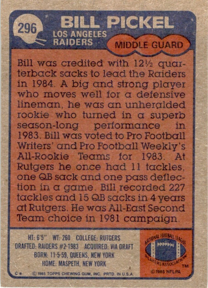 1985 TOPPS BILL PICKEL LOS ANGELES RAIDERS #296 | eBay