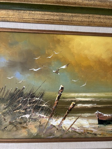 H.Gailey Framed Signed Oil Painting Ocean Seascape Seagulls Wood Framed ...