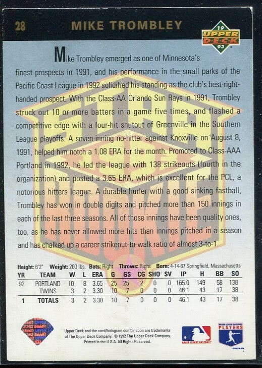 1992 Upper Deck Star Rookie Mike Trombley #28 Minnesota Twins Rookie | eBay