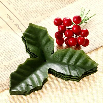 50Pcs Artificial Dark Red Holly Berries And Green Flower Leaf Leaves ...