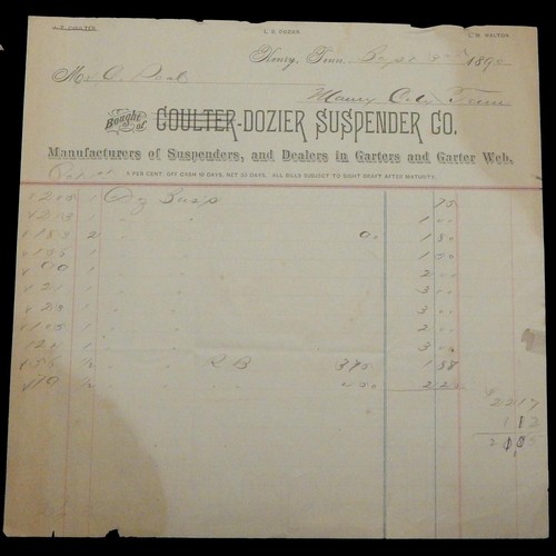 1890 SALE BUSINESS LETTERHEAD COULTER DOZIER SUSPENDER GARDER CO HENRY ...