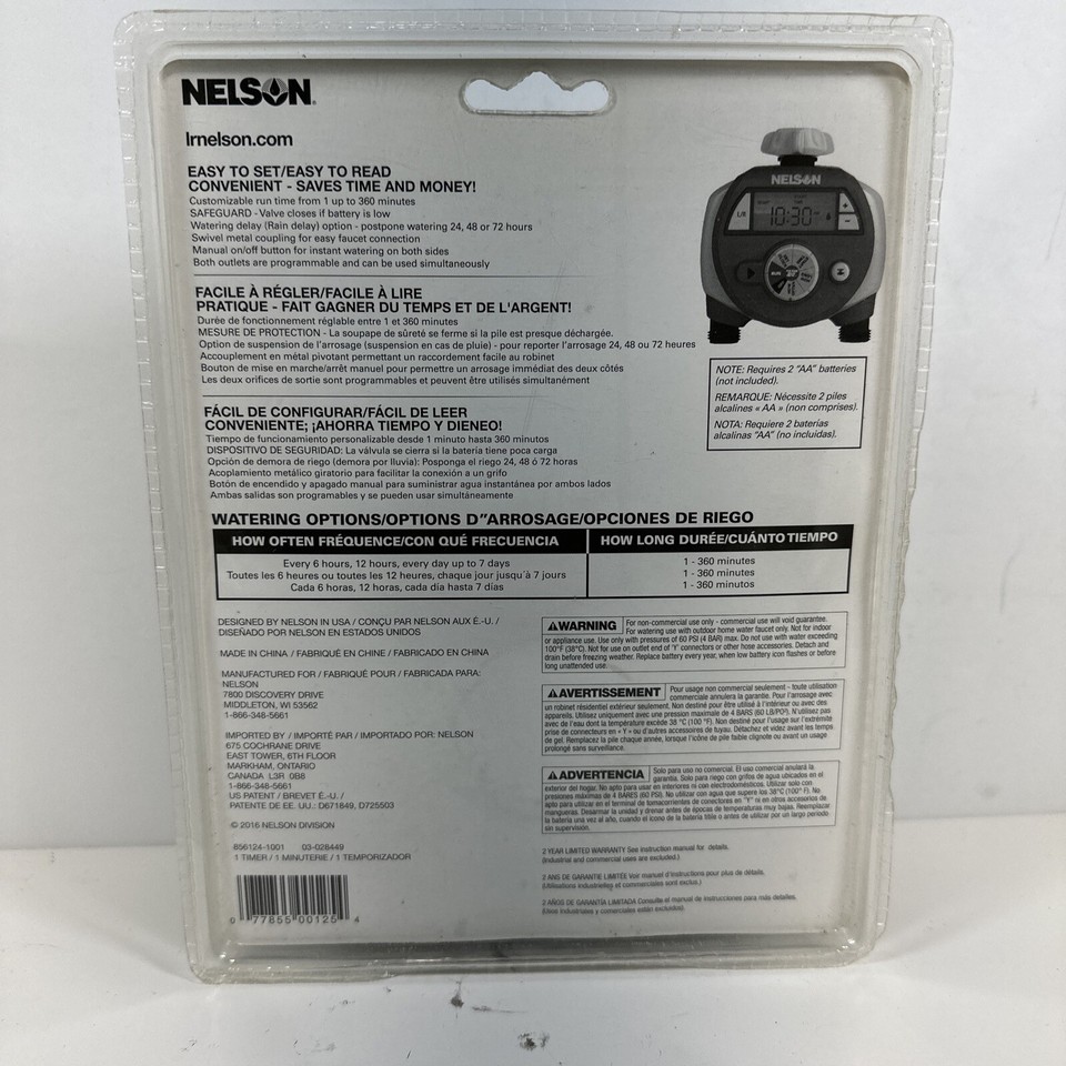 Nelson Dual Outlet Electronic Water Timer! Customize Run Time from 1 ...