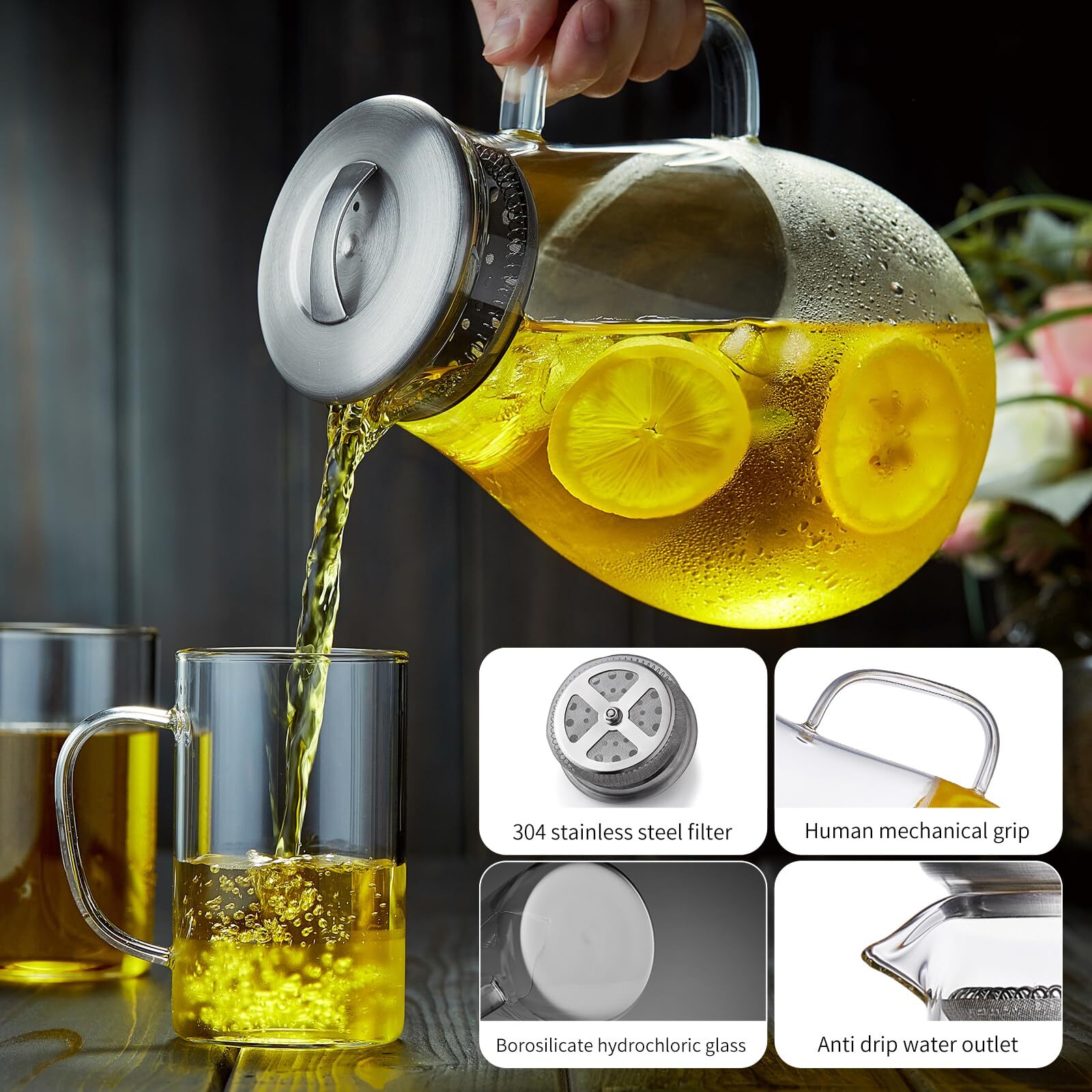Glass Pitchers with Handle and Lid Removable Double Stainless Steel ...