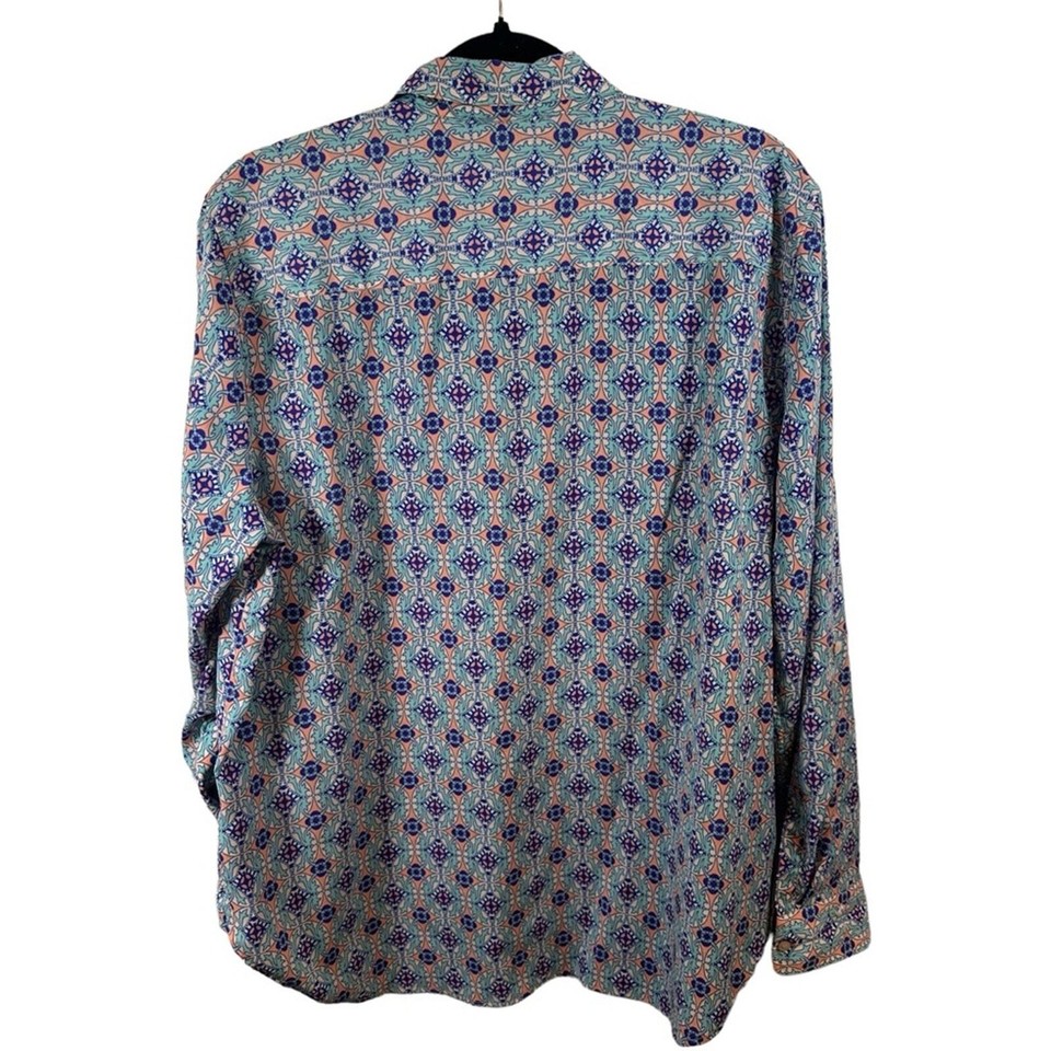 Talbots Plus Medallion Button Up Blouse Tab Sleeves Blue Green and ...