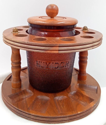 Dun Rite Tobacco 10 Pipe Stand Wood Duraglass Amber Humidor Lid NY USA ...