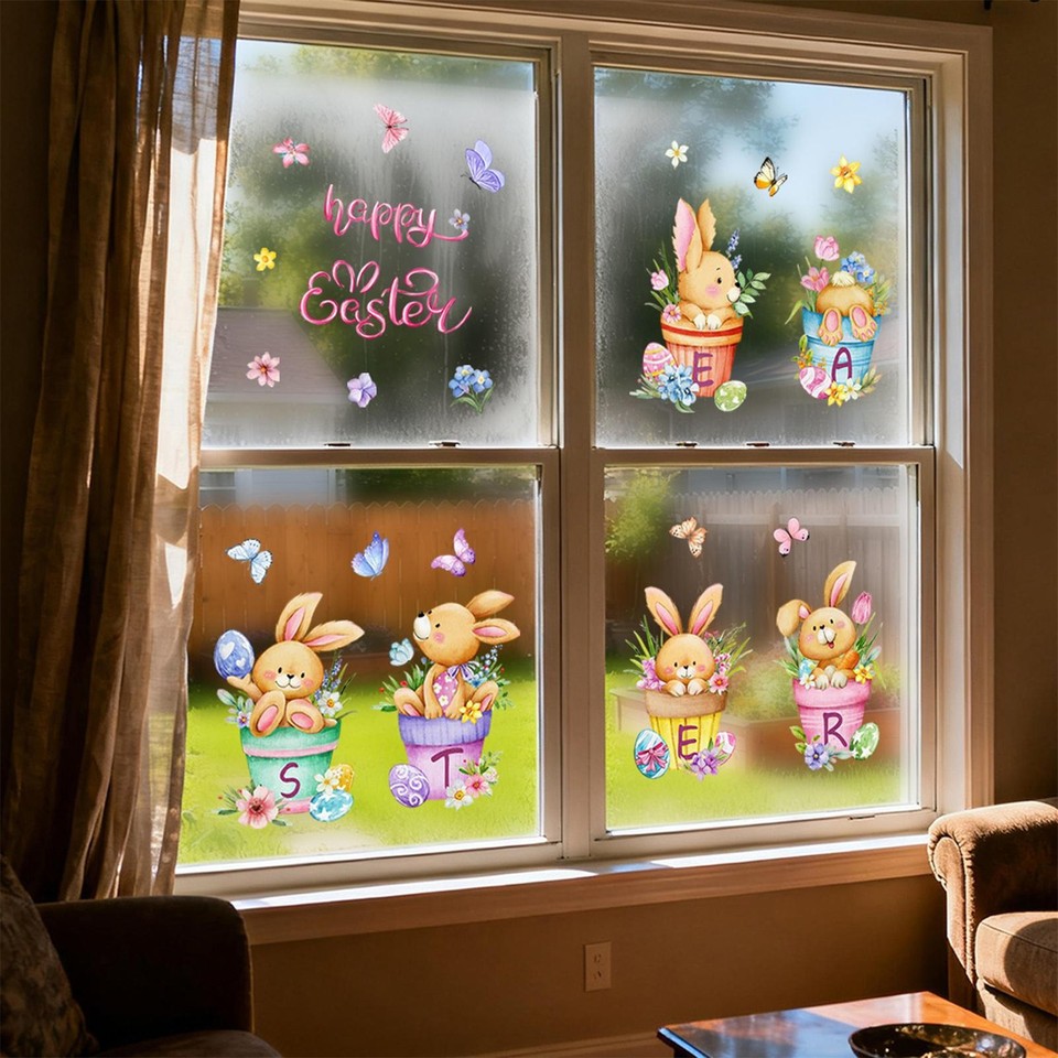 2 Sheet Easter Window Clings Easter Egg Bunny Flowerpot Pattern Clings ...