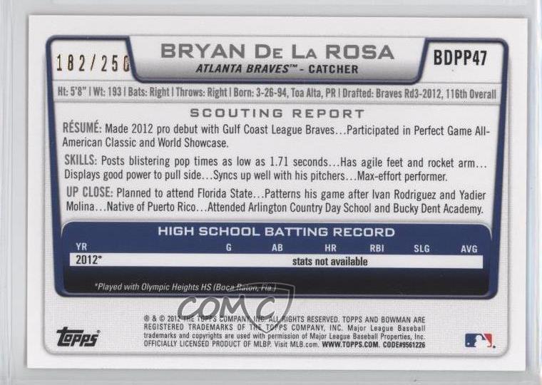 2012 Bowman Draft Draft Picks Orange /250 Bryan De La Rosa #BDPP47 | eBay