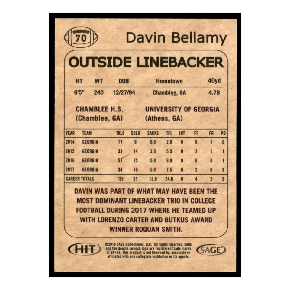 2018 SAGE HIT Gold #70 Davin Bellamy Georgia Bulldogs Football Card | eBay