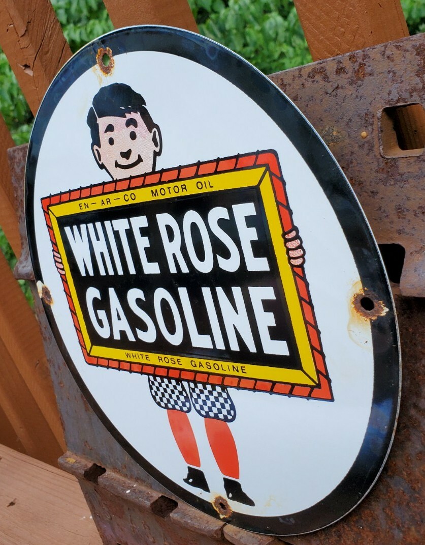 VINTAGE WHITE ROSE ENARCO GASOLINE STATION PORCELAIN METAL SIGN GAS OIL ...
