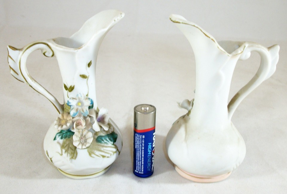 Pair of Mini Bisque Porcelain Pitchers, painted with blue flowers 4 ...
