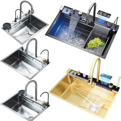LED Kitchen Sink Set Stainless Steel Luxur Single Large Bowl Pull Out ...