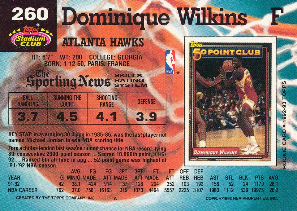 Dominique Wilkins 1992-93 Topps Stadium Club #260 Atlanta Hawks | eBay