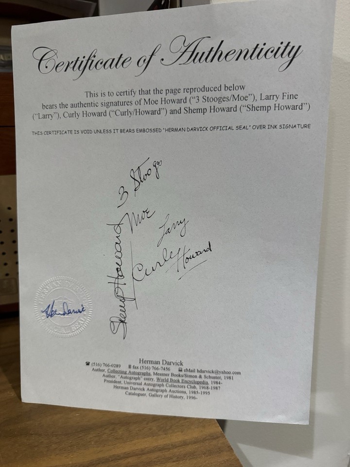 Three Stooges Autographed Page Moe Larry Curly Howard & Shemp Howard ...