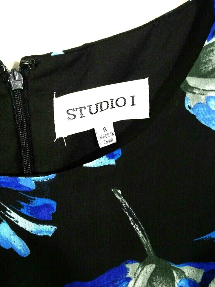 Studio I Womens 8 Dress Blue Black Bold Floral Sleeveless Sheath Summer ...