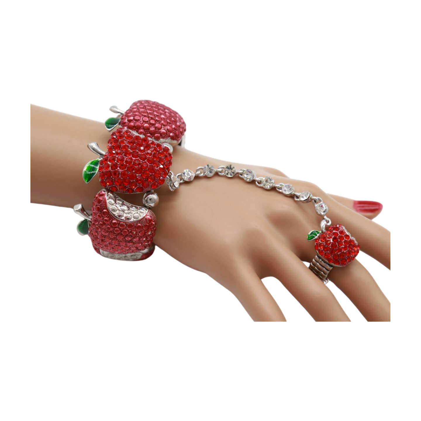 Women Silver Metal Hand Chain Red Apples Bracelet Bling Ring Halloween ...