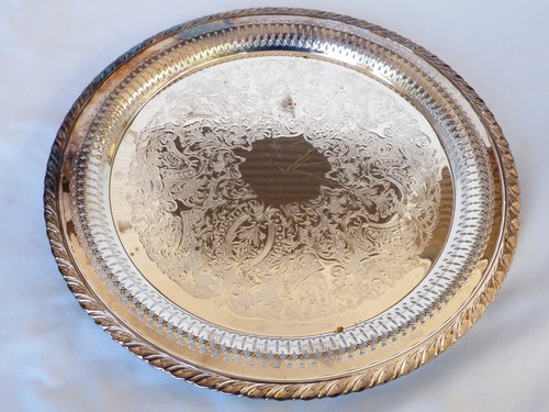 VTG Oneida Silver Plated 12.25" Serving Tray round pierced edge floral ...