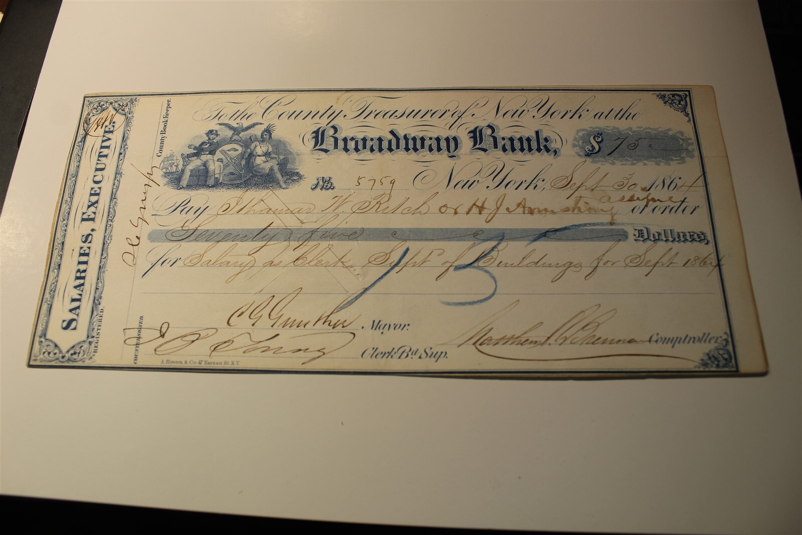 BROADWAY BANK - COUNTY TREASURER OF NEW YORK - SIGNED MAYOR GUNTHER ...