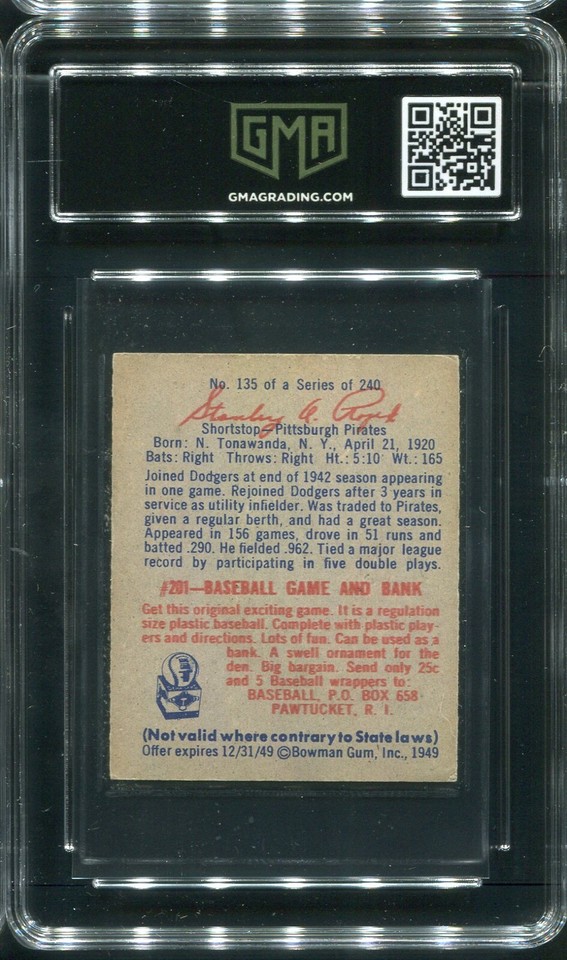 1949 Bowman #135 Stan Rojek - Pittsburgh Pirates - Rookie Card - GMA 5 ...