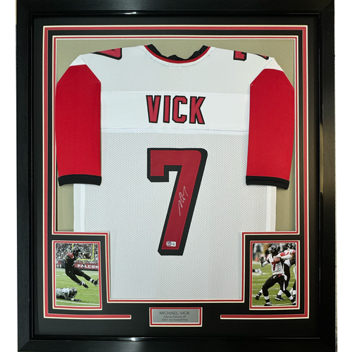 FRAMED Autographed/Signed MICHAEL MIKE VICK 33x42 Atlanta White Jersey ...