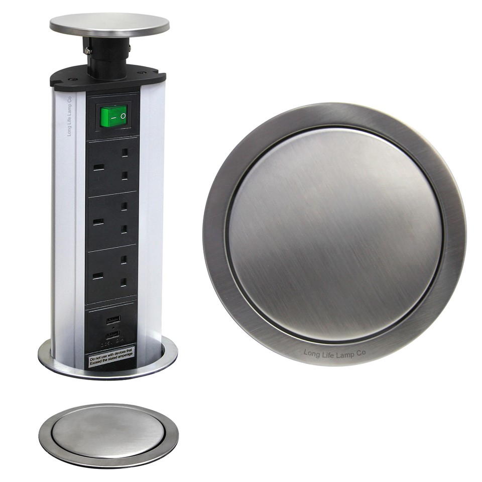 POP UP Power Tower 3 Socket 2 USB with Safety Switch Silver/Stainless ...