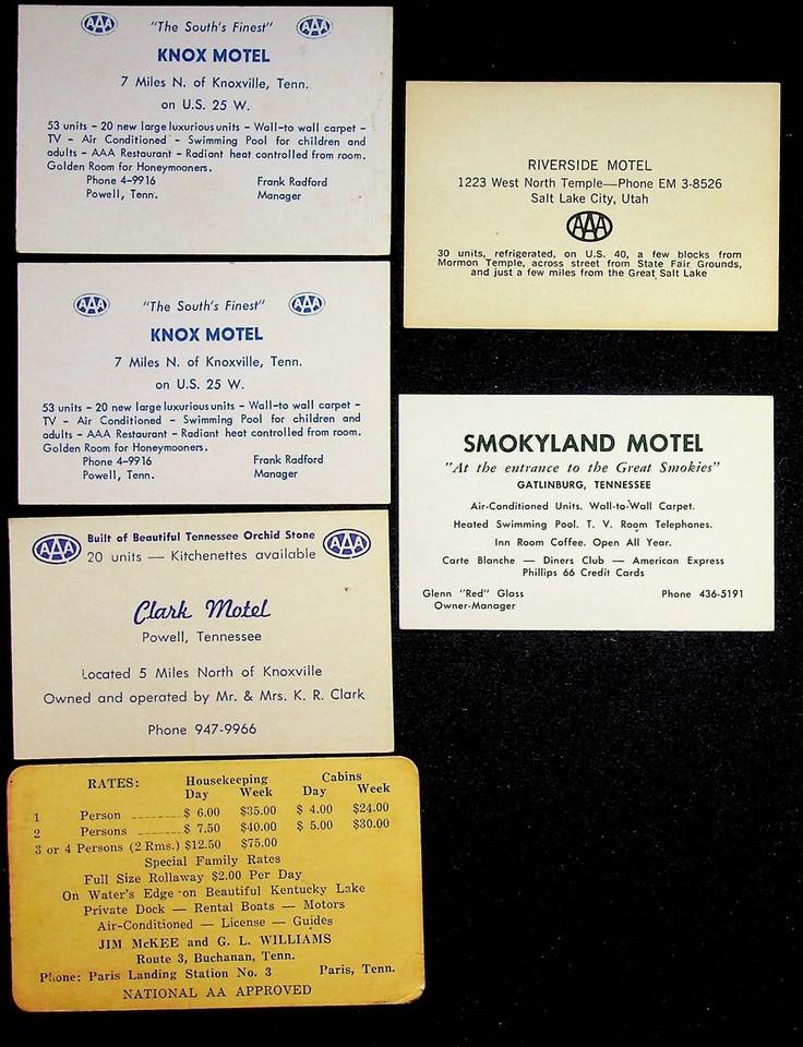 Tennessee & Utah Lot Of 6 Motel Business Cards Vintage Knox Clark ...