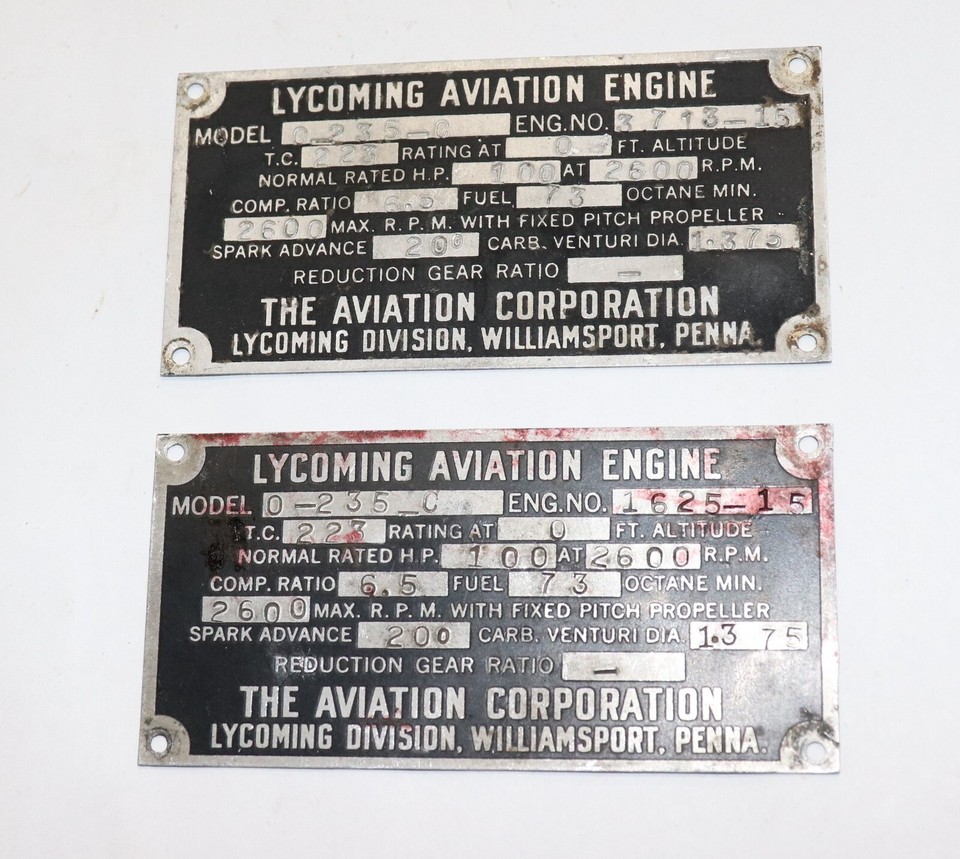 Original Lycoming O-235-C Aircraft Engine Data Plate, Authentic, #1 | eBay