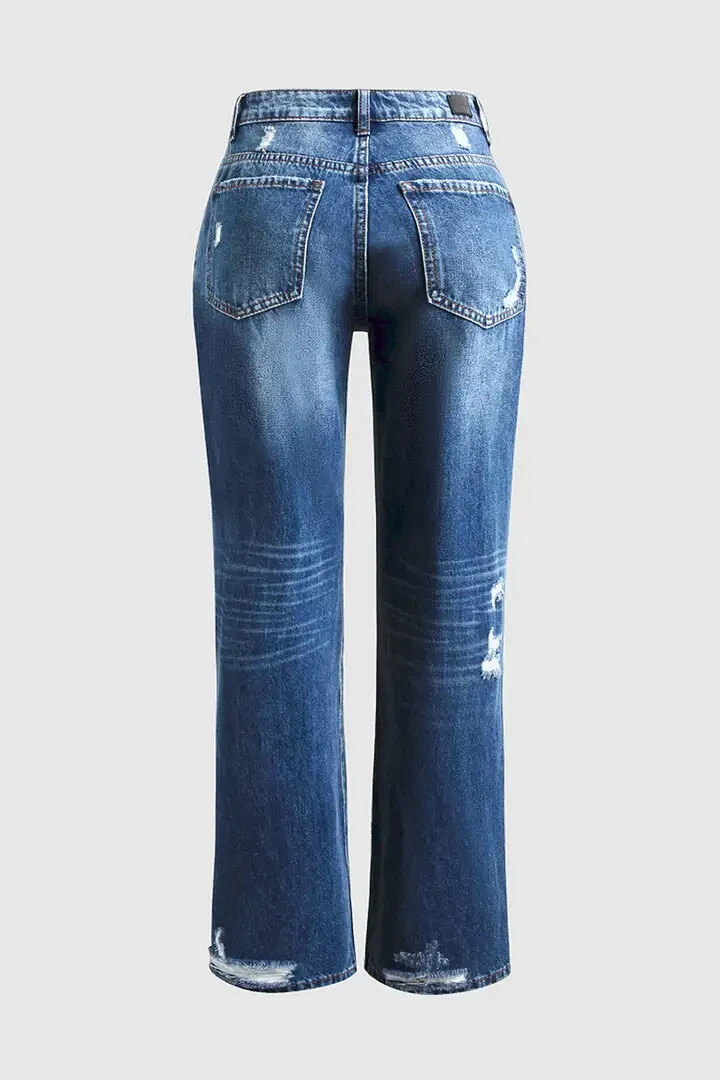 Flamingals Mid Waisted Ripped Blue Straight Legged Blue Jeans M 30x32