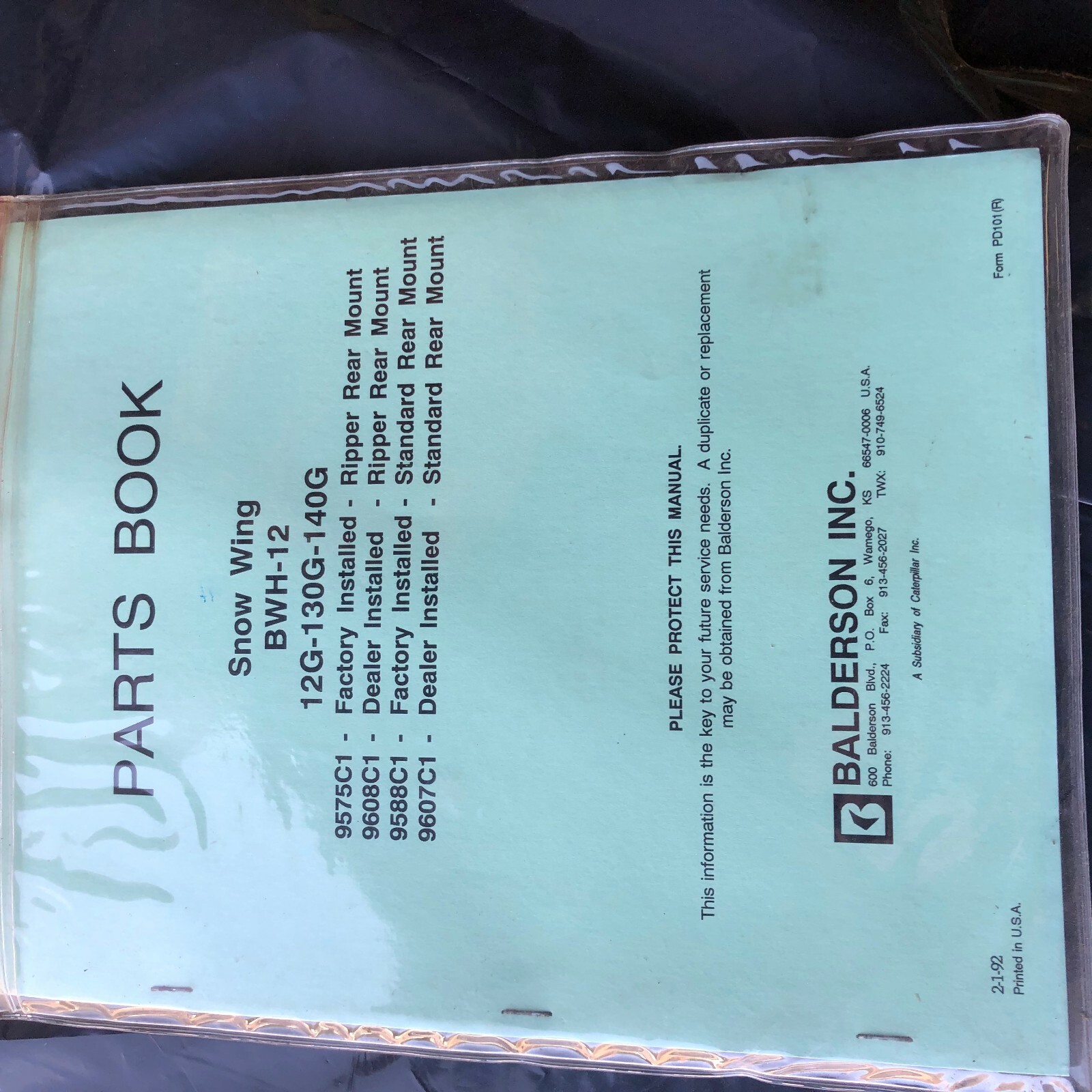 CAT BWH 12 SNOW WING GRADER BALDERSON PARTS FRONT MANUAL | eBay