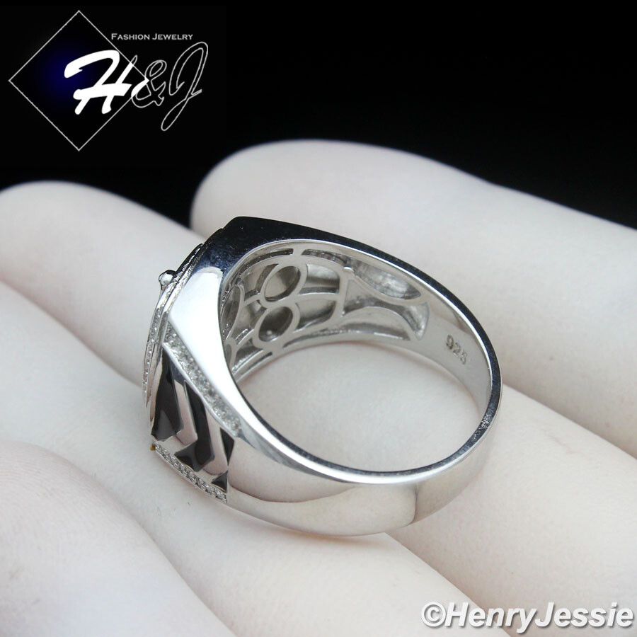 MEN SOLID 925 STERLING SILVER ICY CZ MASONIC MASTER MASON SQAURE RING ...