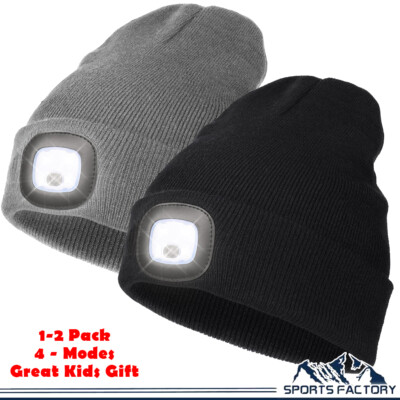 Kids Beanie Hat With Light Up Winter Warm LED USB Headlight Cap Boys ...