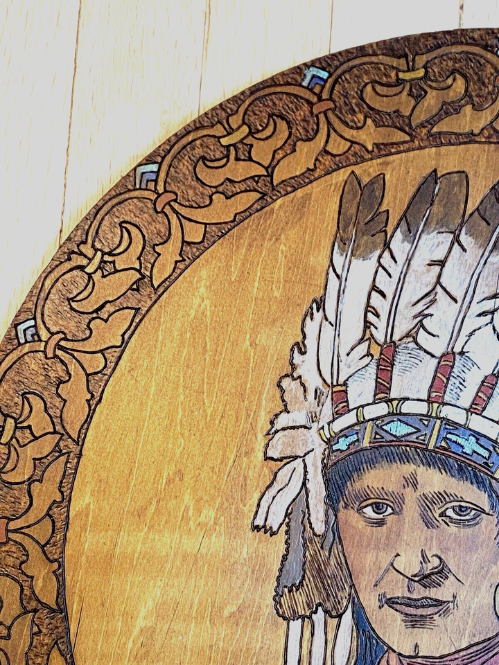 Massive Antique Pyrography Flemish Art 18" Plaque Native American Date ...