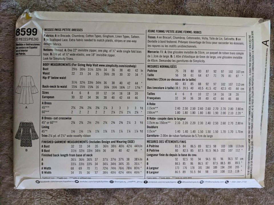 SIMPLICITY PATTERN 8599 DRESSES MISS/MISS PETITE SIZES 4 6 8 10 12 ...