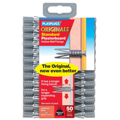 50 x Plasplugs Originals Plasterboard Hollow Wall Fixings Wall Plugs ...