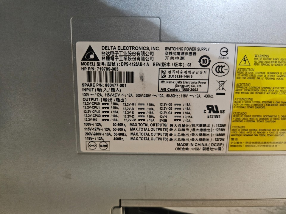 HP Z840 WorkStation 1125 W Desktop Power Supply 719799-003 860477-001 ...