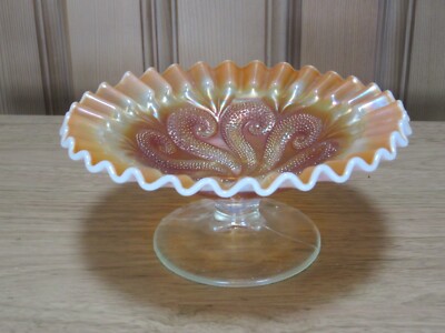 Dugan Glass Marigold Opalescent Rim, Pedestal Bowl . 'Question Mark ...