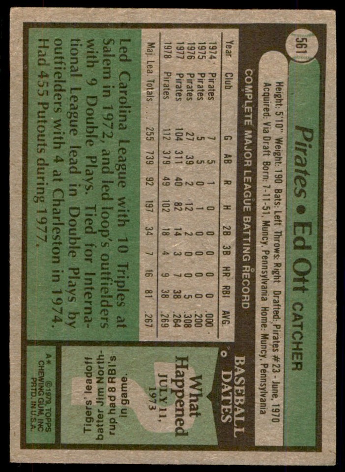 1979 Topps Baseball Card Ed Ott A Pittsburgh Pirates #561 | eBay