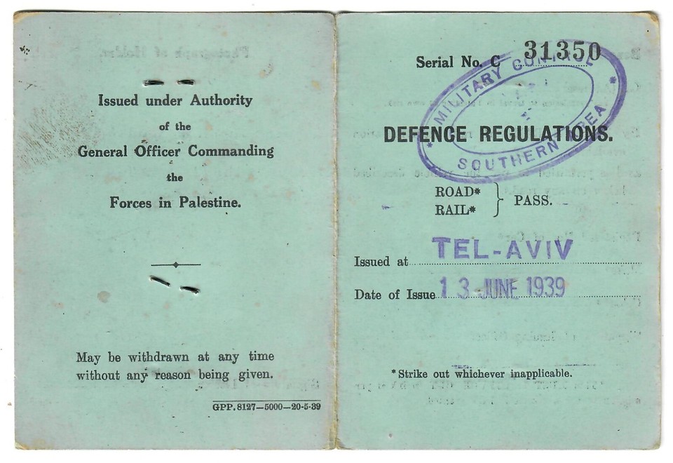 Judaica Palestine Old British Army Defence Regulations Road Pass 1939 ...