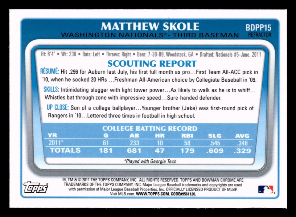2011 Bowman Draft Chrome Prospects Refractor Matt Matthew Skole #BDPP15 ...