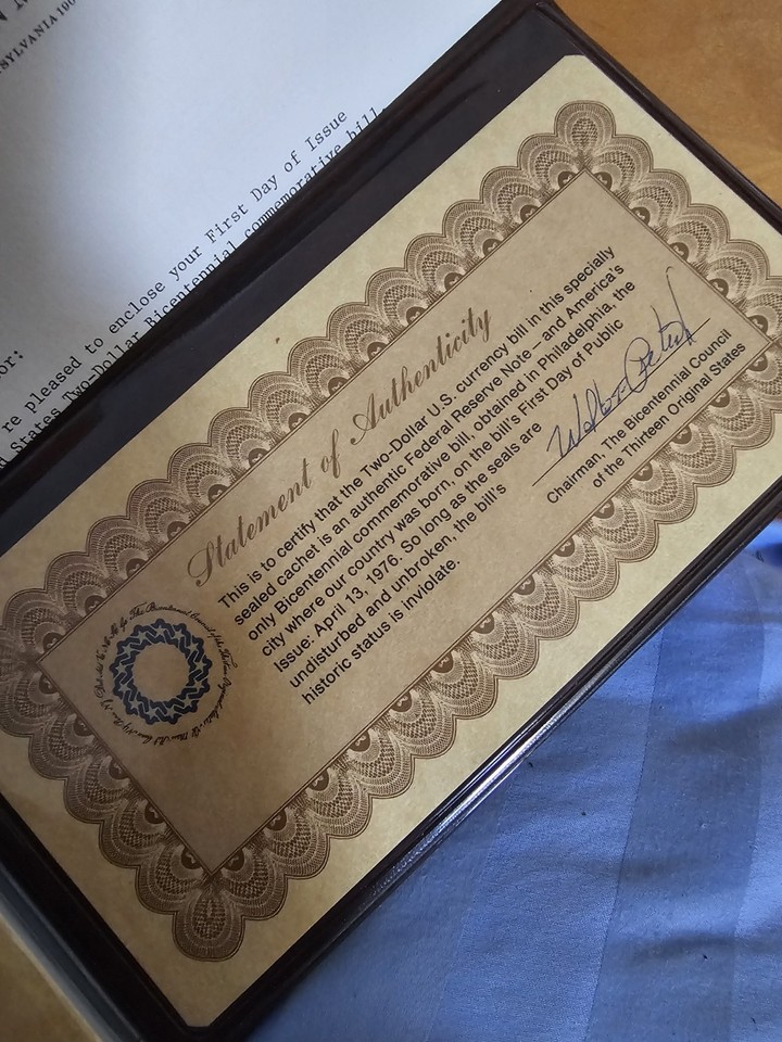 First Day of Issue April 13 1976 Bicentennial Two Dollar Bill With COA ...